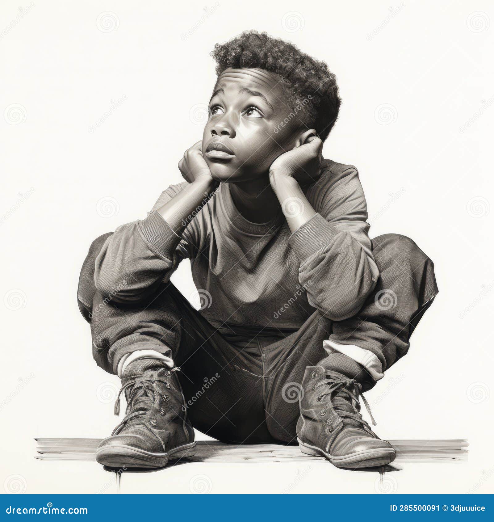 Black Boy in Thinking and Doubts Pose Black and White Sketch ...