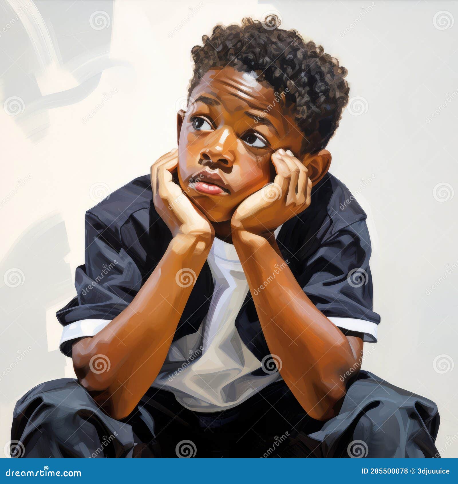 Black Boy in Thinking and Doubts Pose Oil Painted Illustration. Stock ...