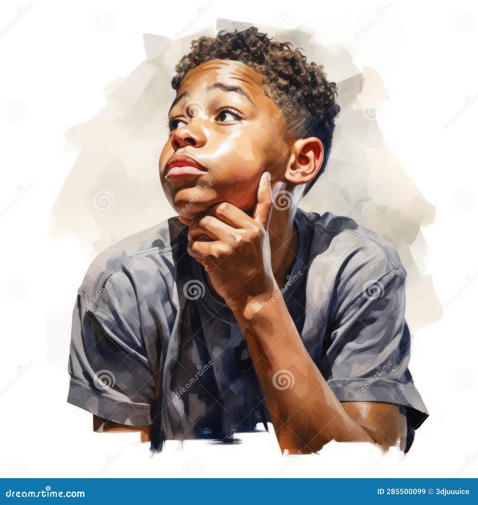 Black Boy in Thinking and Doubts Pose Oil Painted Illustration. Stock ...