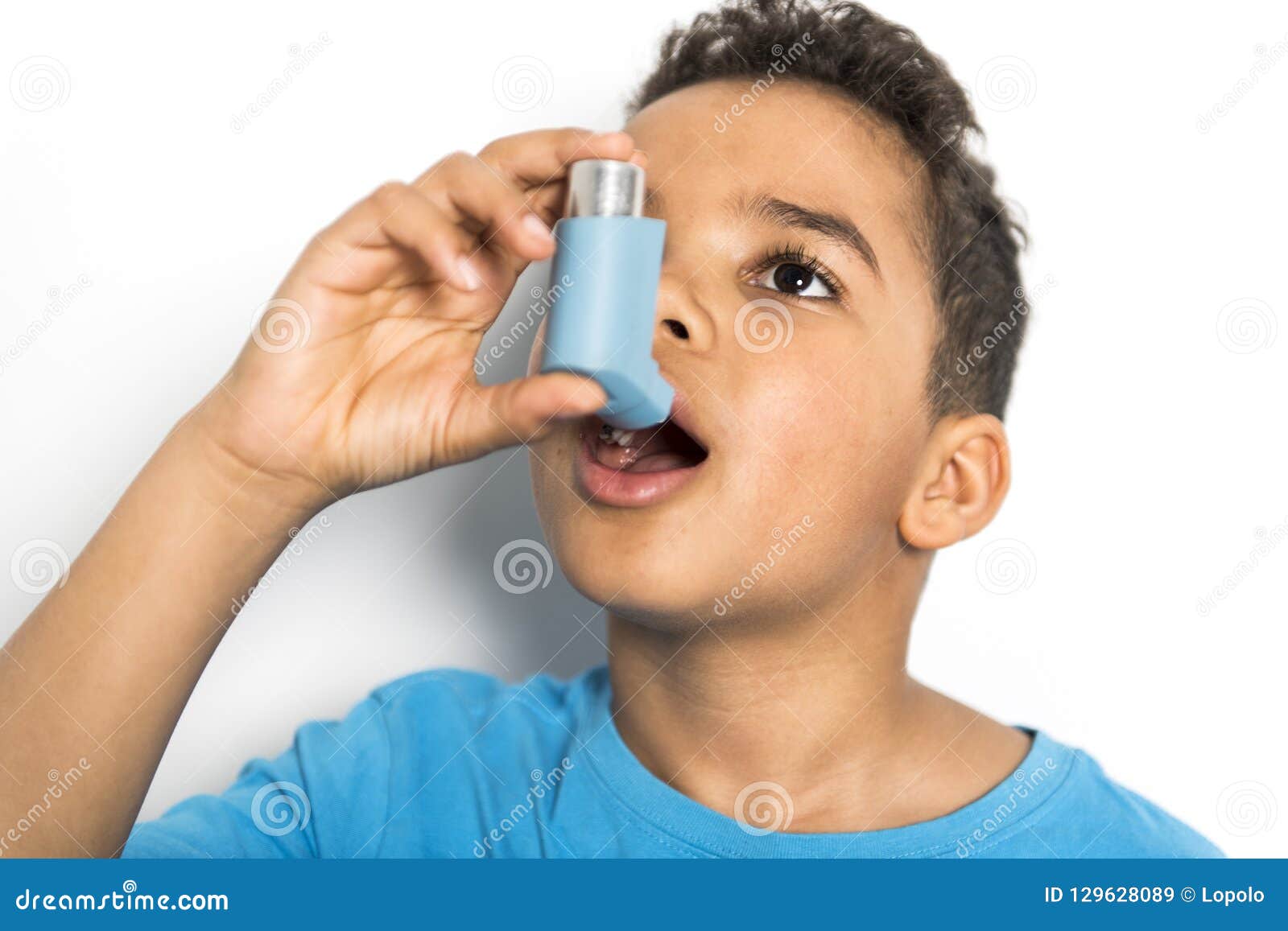A Black Boy Using An Asthma Inhaler Stock Image - Image of breath ...