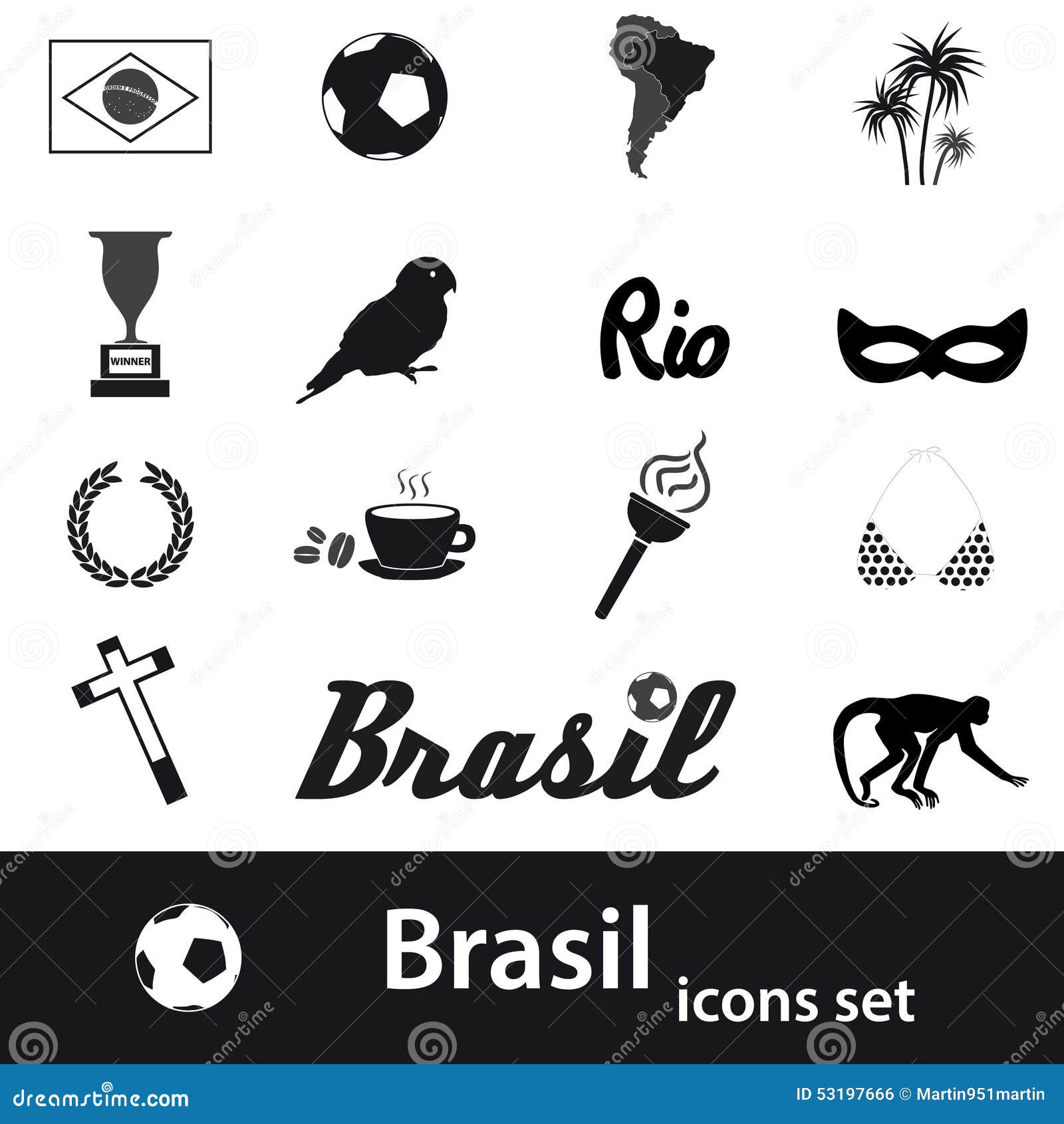 Black Brazil Icons and Symbols Set Stock Vector - Illustration of flag ...