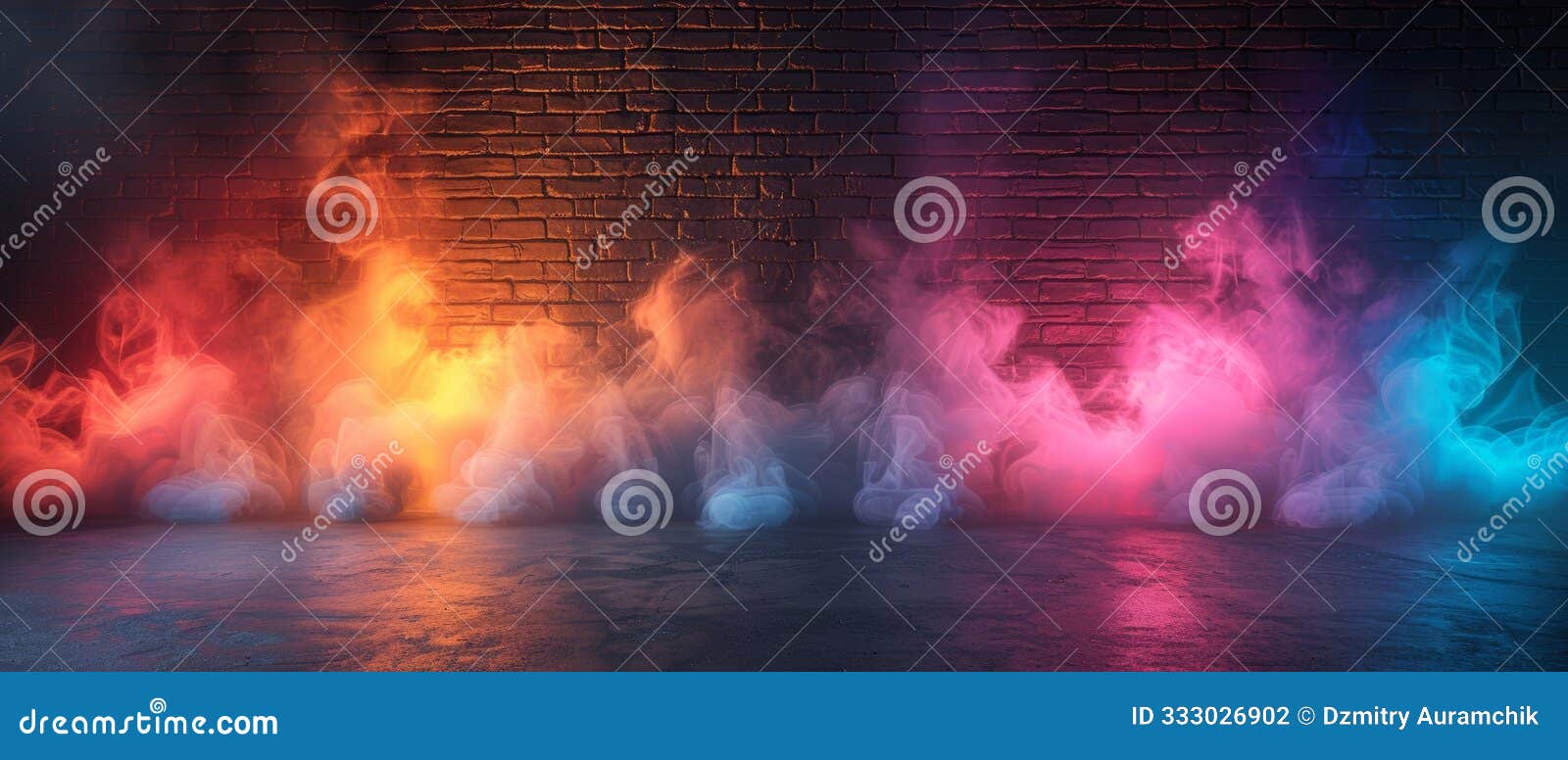 A Black Brick Wall, Neon Light, Smoke, and Colorful Smoke on a Black ...