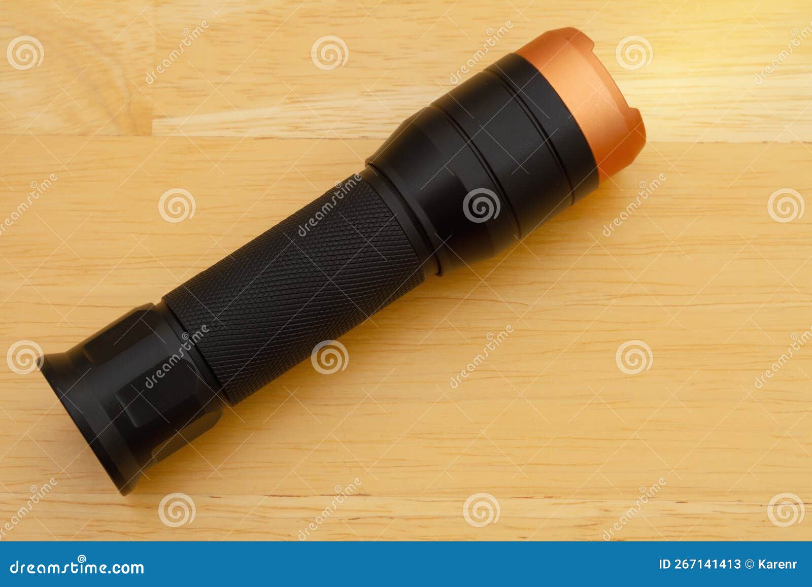 LED Flashlight on Wood Table Stock Image - Image of light, lamp: 267141413