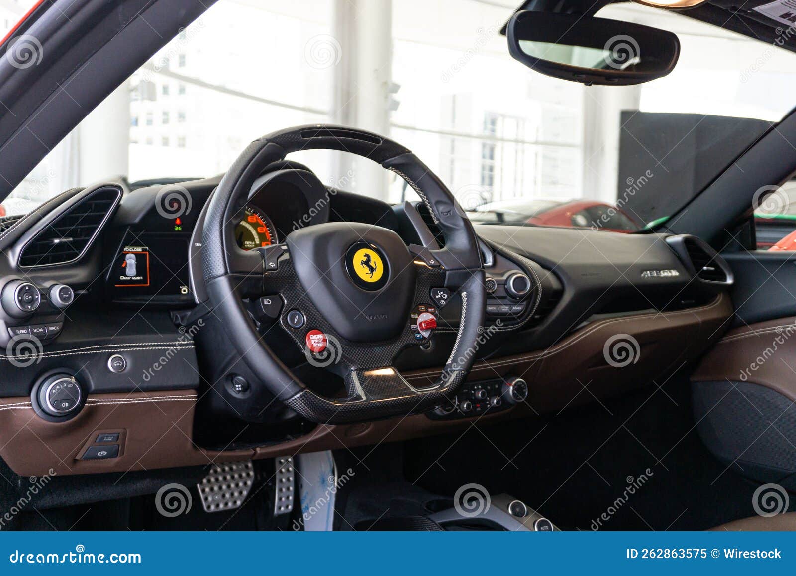 Black and Brown Leather Dashboard of a Ferrari 488 GTB with a Steering ...