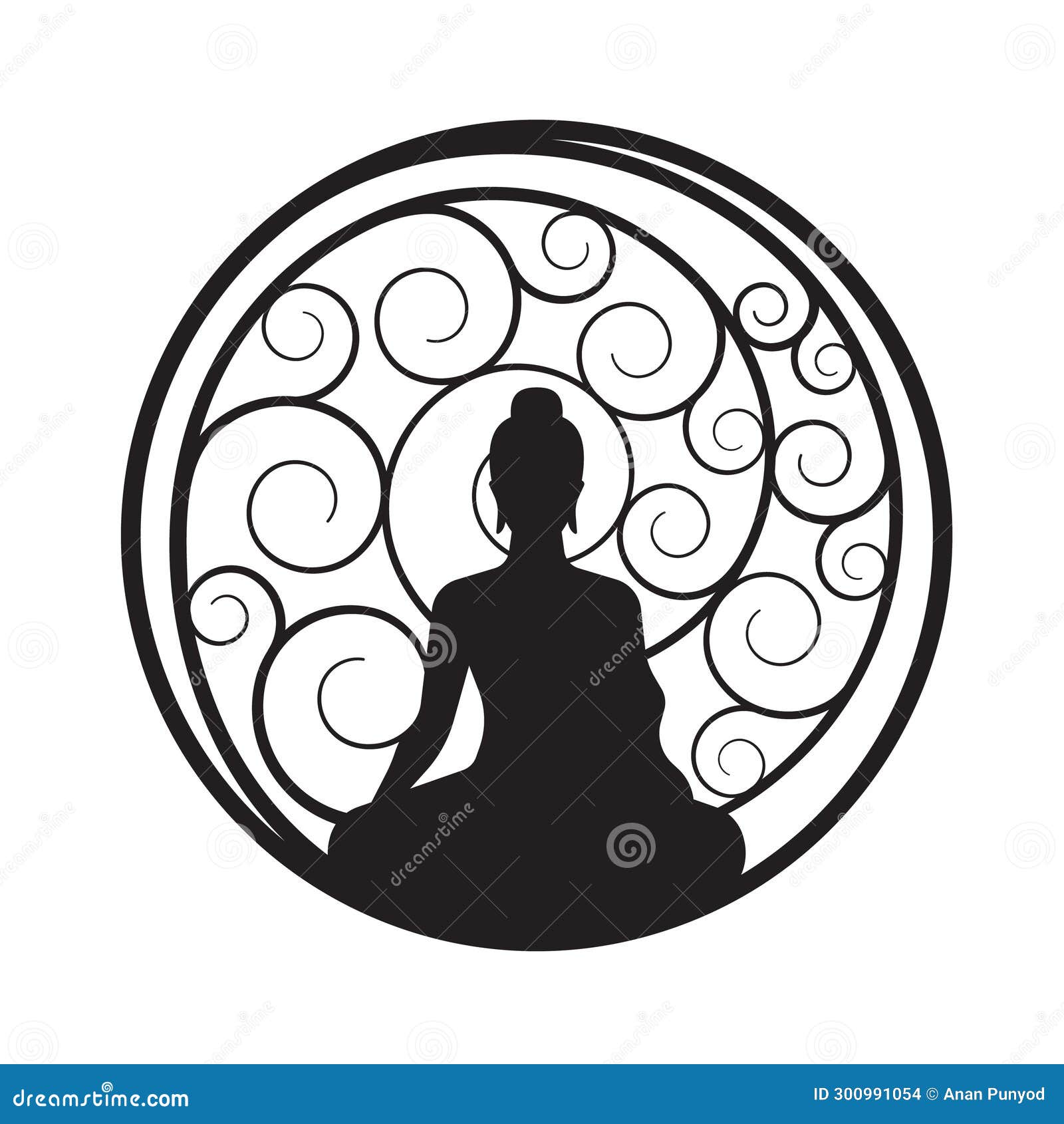 Black Buddha Sit and Meditation in Circle with Coiled Lines Art Style ...