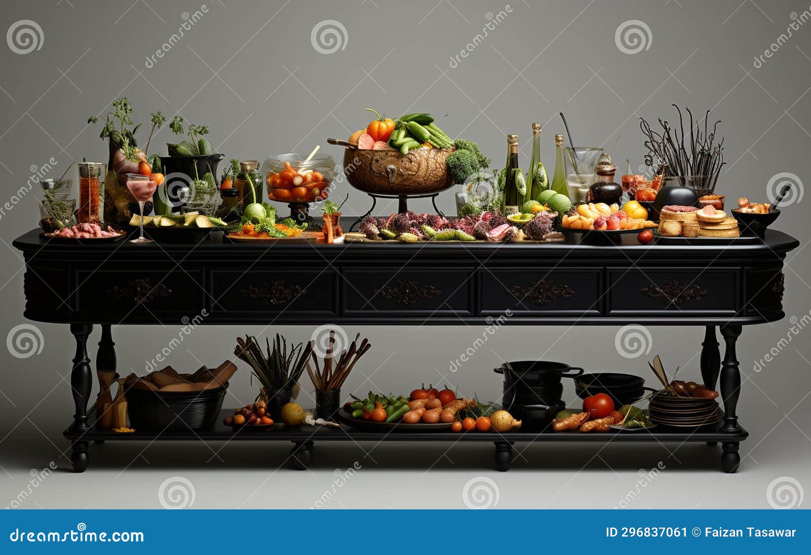 A Black Buffet Table Against a White Backdrop -Generative Ai Stock ...