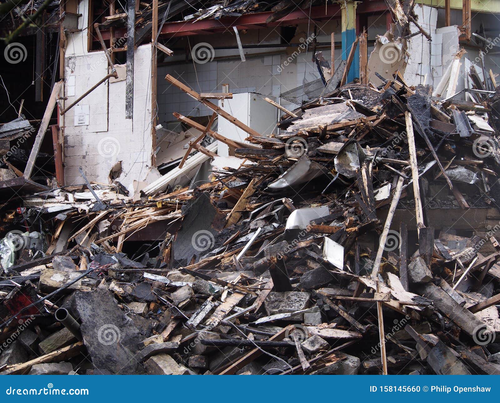 Burned Timbers And Walls In A Collapsed House Destroyed By Fire Royalty ...