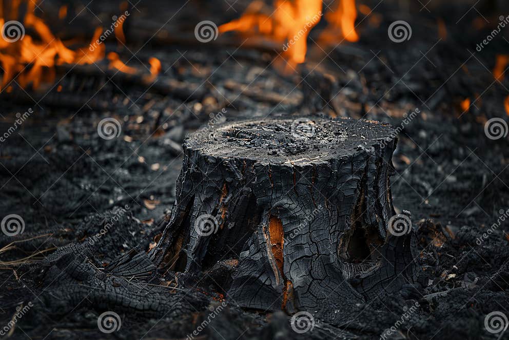 Black Burned Tree Stump in Forest with Fire in Background Stock ...