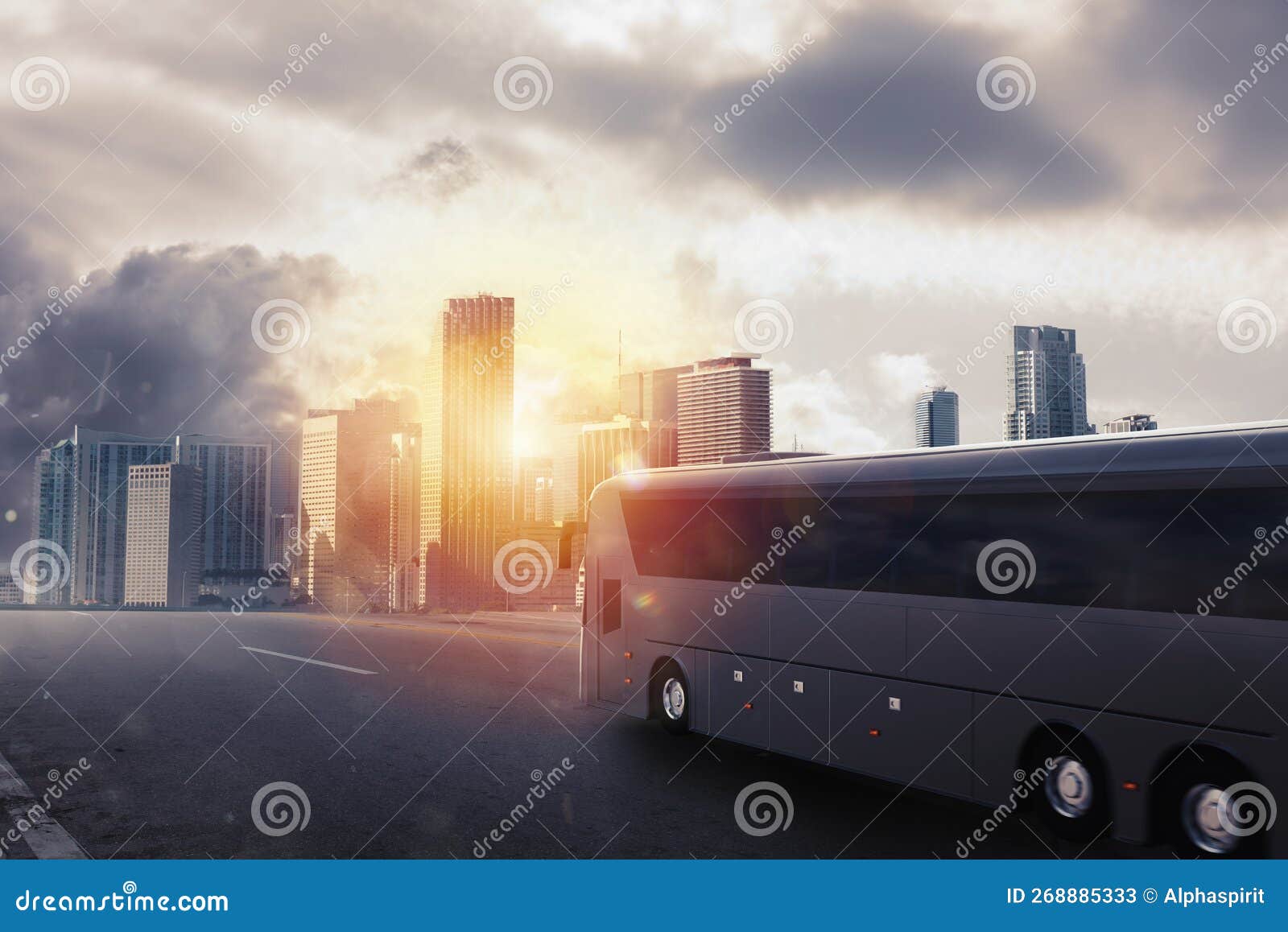 Black Bus Moving on the Road in a Cityscape at Sunset Stock Image ...