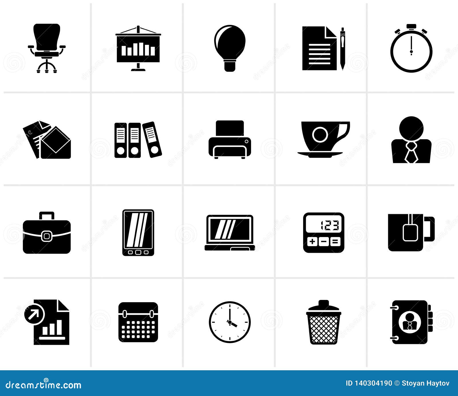 Black Business and Office Objects Icons Stock Vector - Illustration of ...
