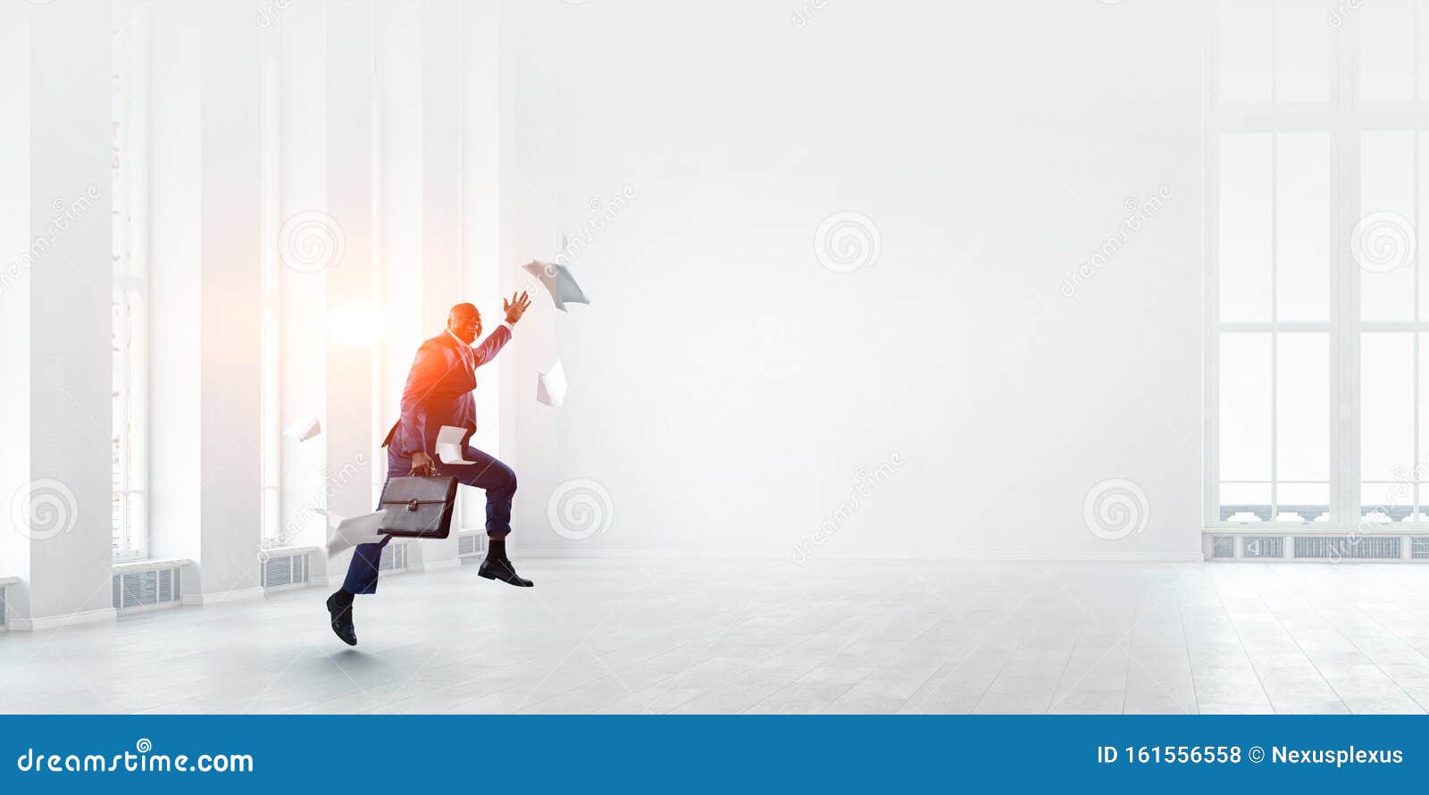 Black Businessman with Briefcase Running among Flying Papers Indoor ... Black Businessman with Briefcase Running among Flying Papers Indoor ...