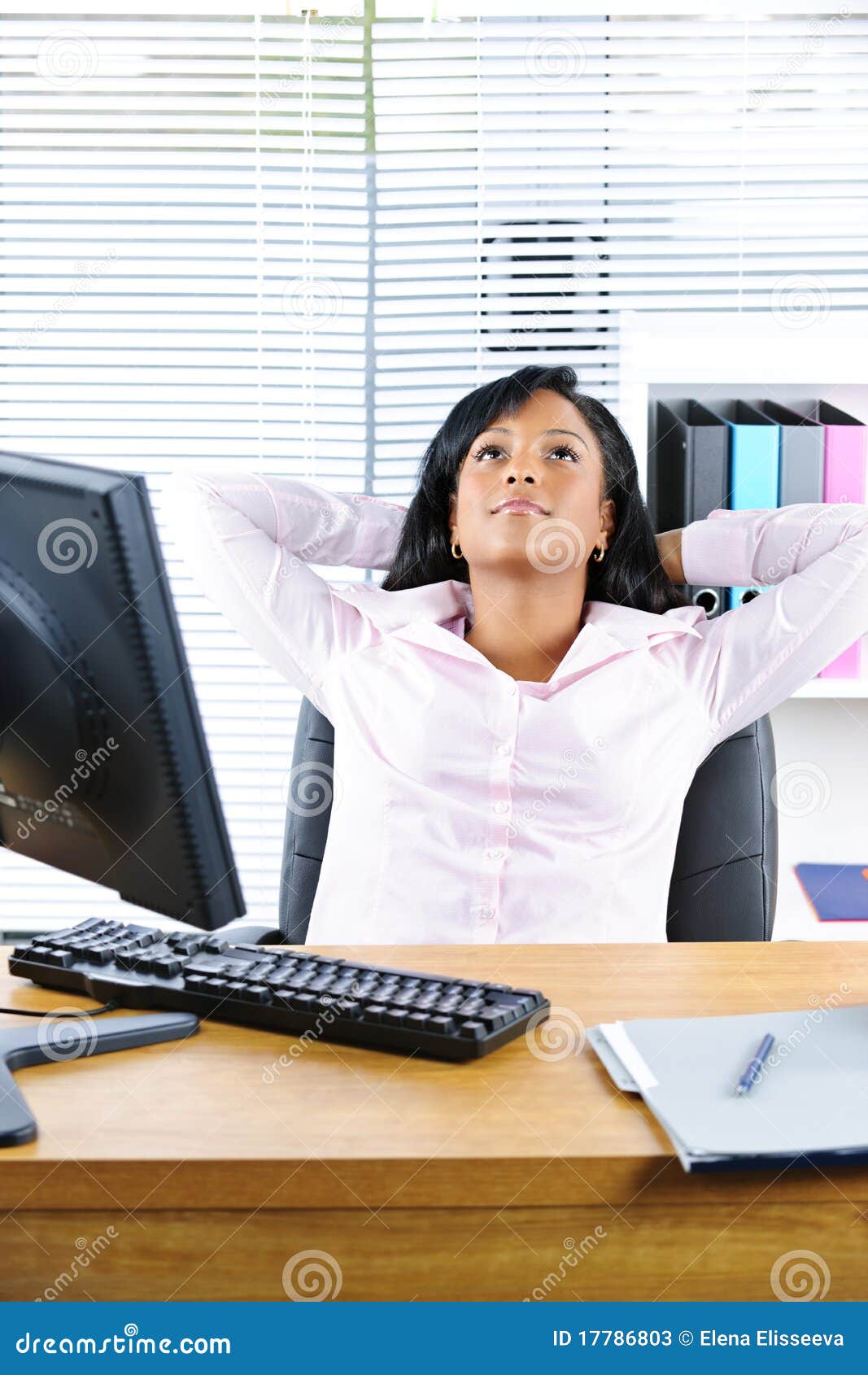 Black Businesswoman Resting at Desk Stock Image - Image of break, head ...