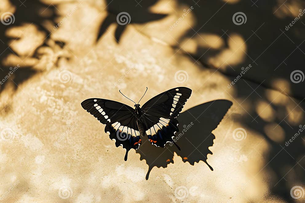 Black Butterfly Resting on a Sunlit Surface with Dramatic Shadows and ...