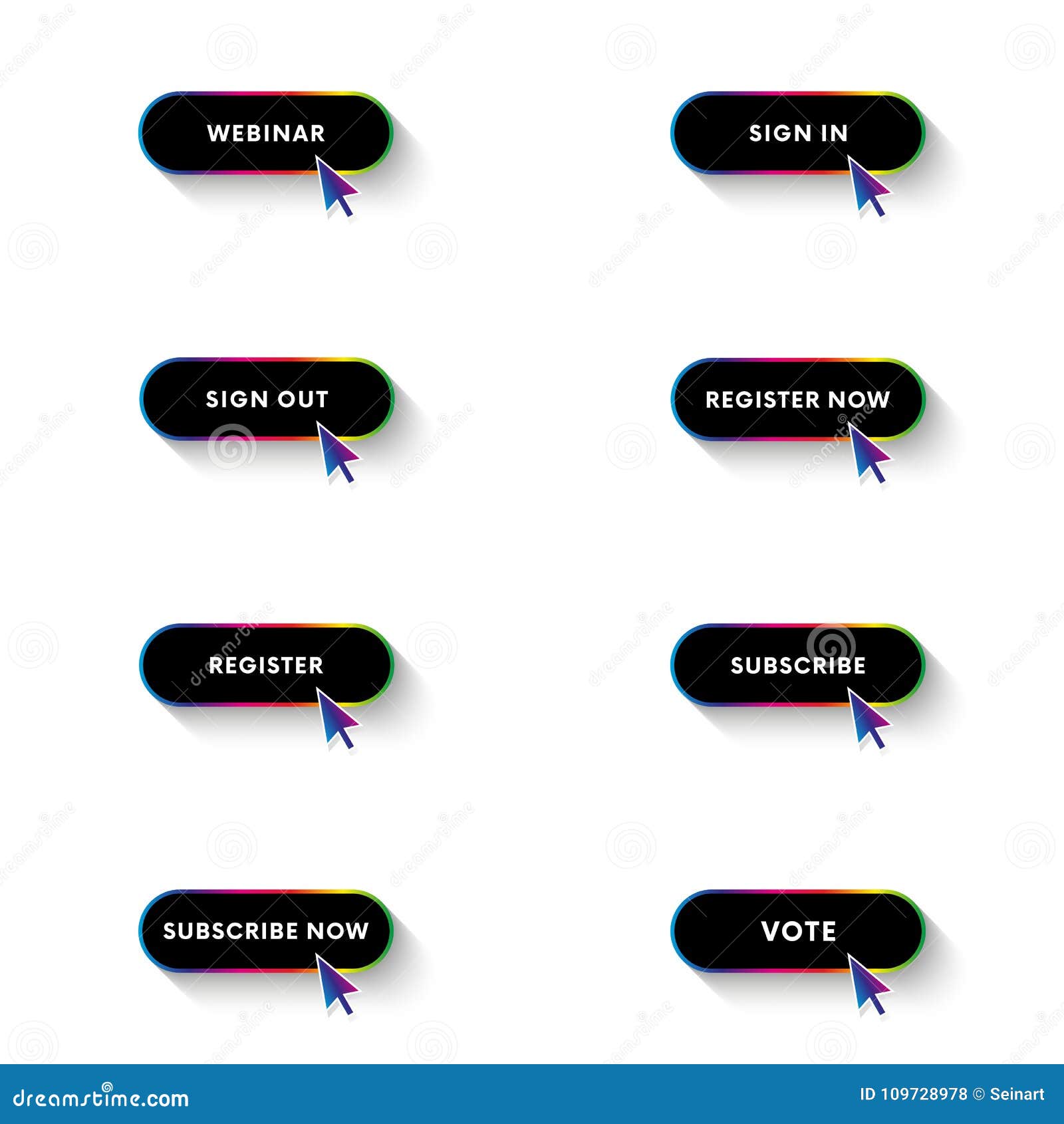 Black Buttons Set with Long Shadow. Spectrum Gradient. Vector ...