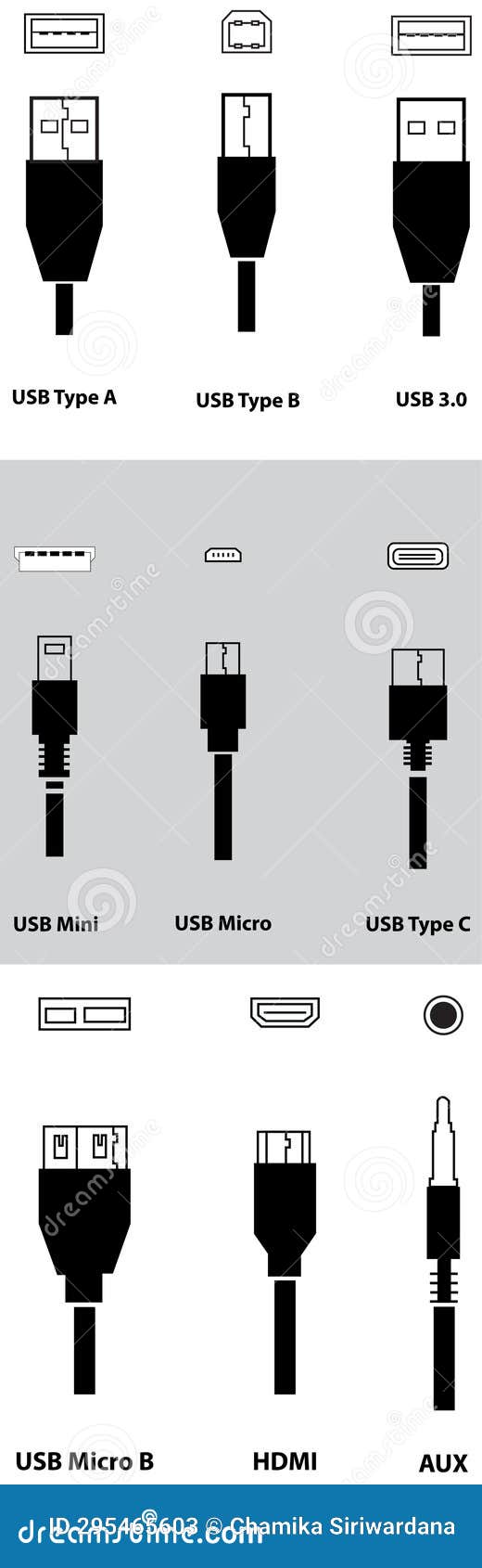 Black Cables Icon Set USB Type a, Type B, Type C, 3 Stock Illustration ...