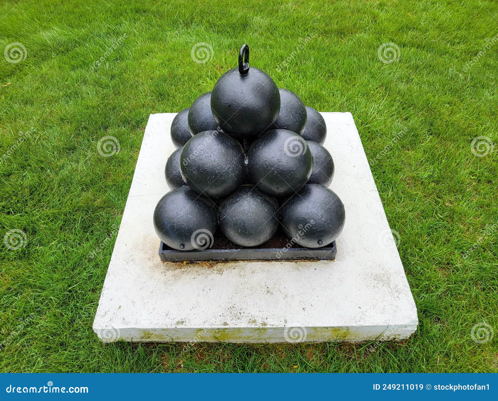 Black Cannonballs in Pyramid Stack on Cement on Grass Stock Image ...