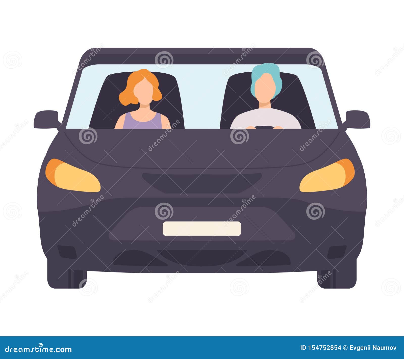 Black Car with Driver and Passenger, Front View Vector Illustration ...