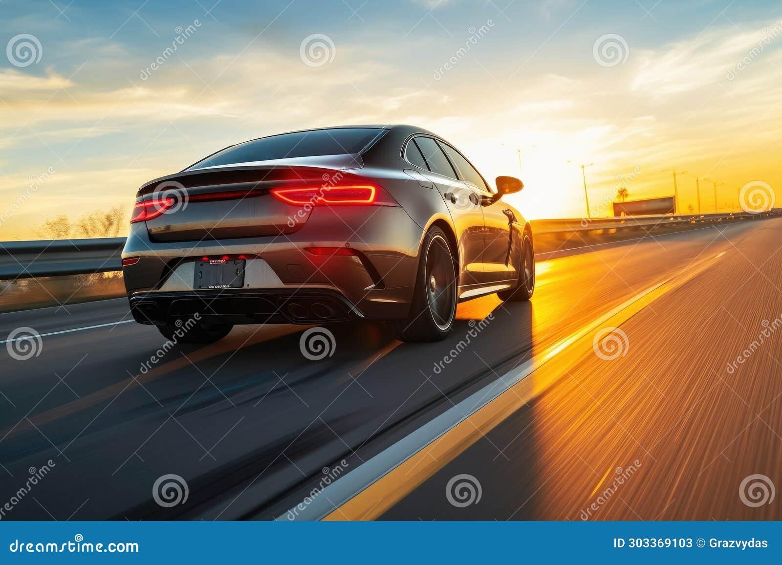 A Black Car is Driving Down the Highway at High Speed. Back View Stock ...