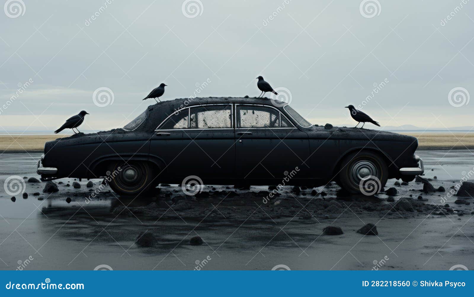 A Black Car with Black Ravens Around it Standing on a Road Stock ...
