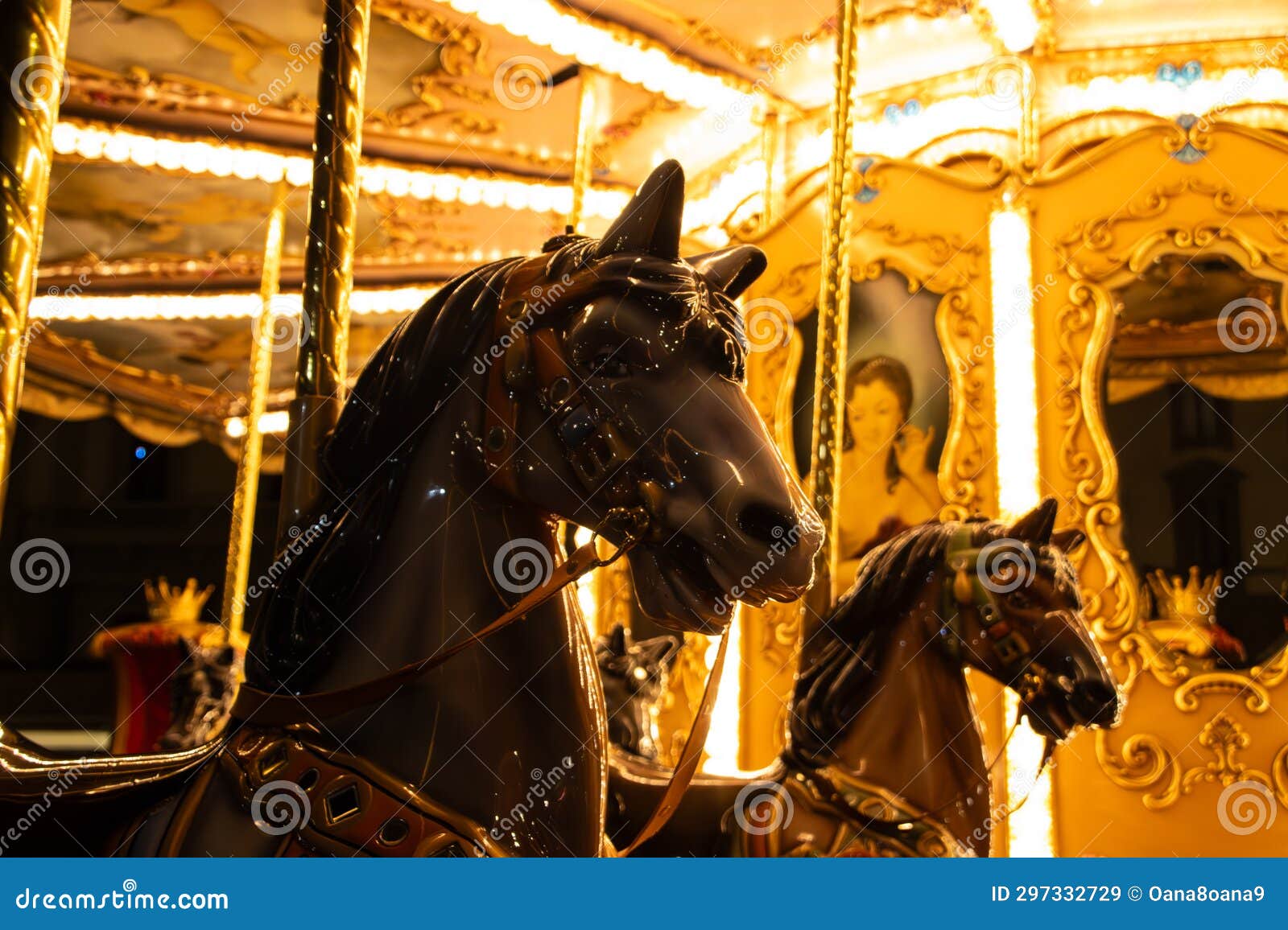 Black Carousel Horse in the Park at Night Stock Image - Image of attraction, retro: 297332729