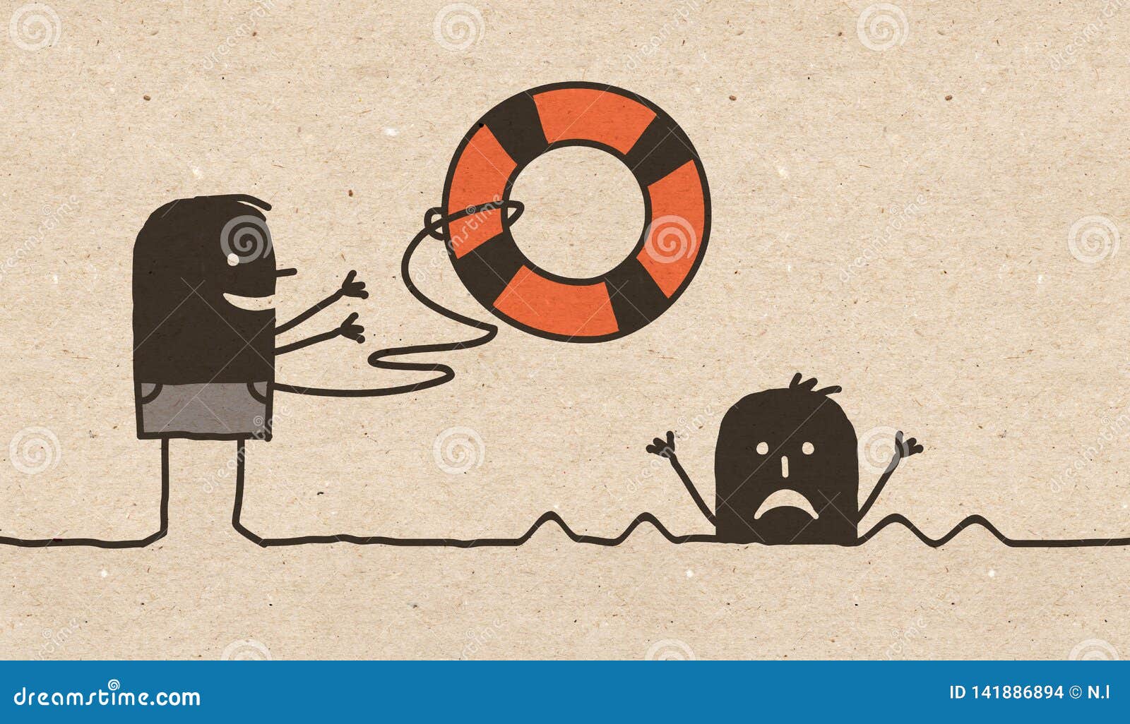 Black Cartoon Rescuer with Security Buoy Stock Illustration ...