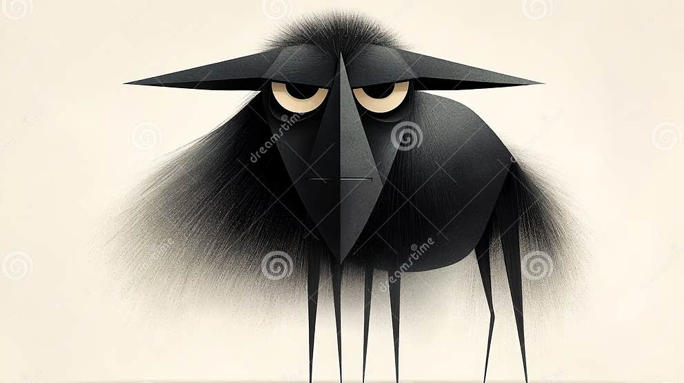 A Black, Cartoon Sheep with a Grumpy Expression Stands Against a White ...