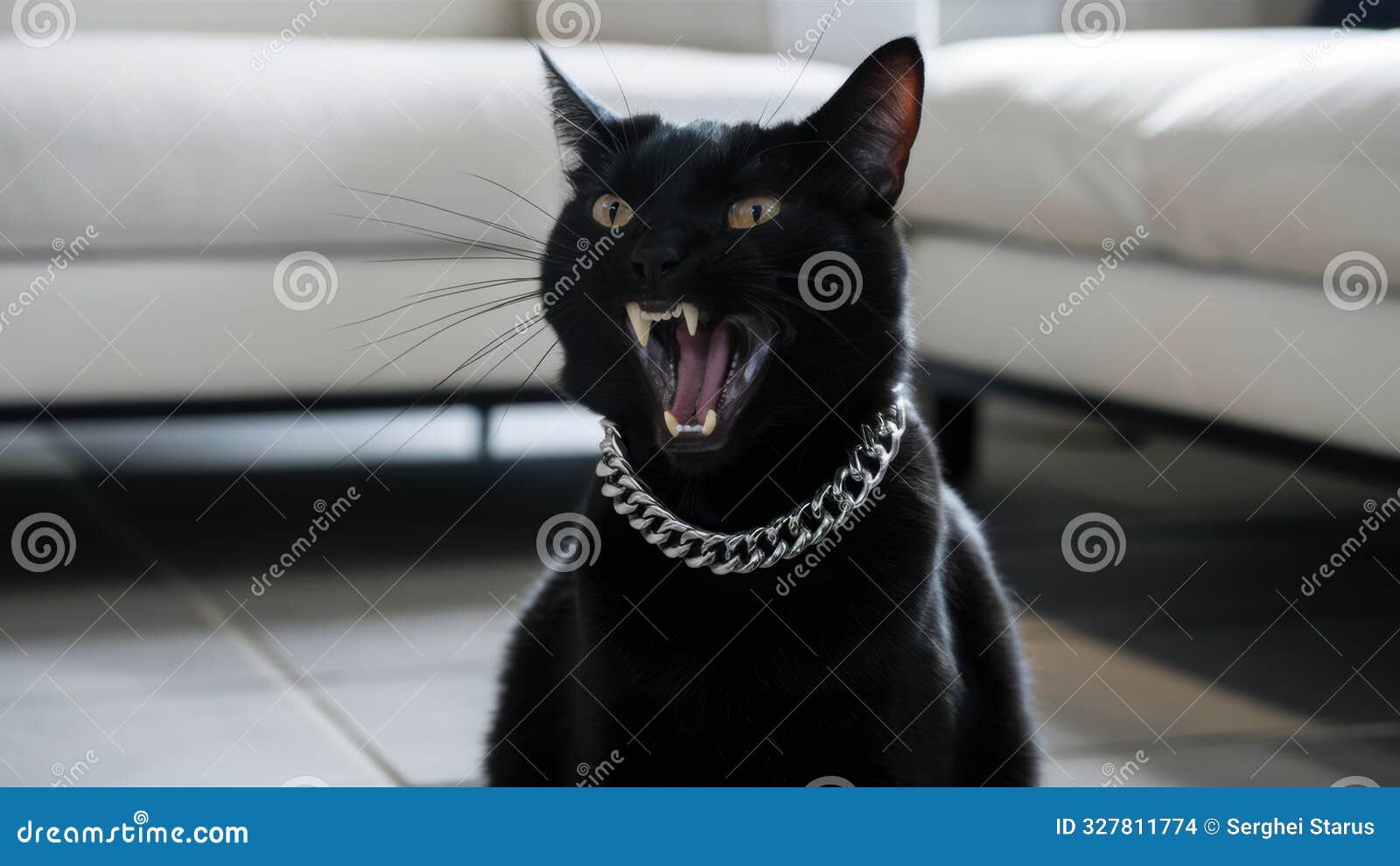 A Black Cat with a Chain Around Its Neck Sitting on the Floor, AI Stock ...