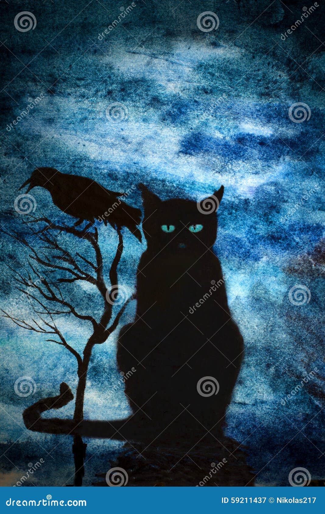 Black cat and crows stock illustration. Illustration of fence - 59211437