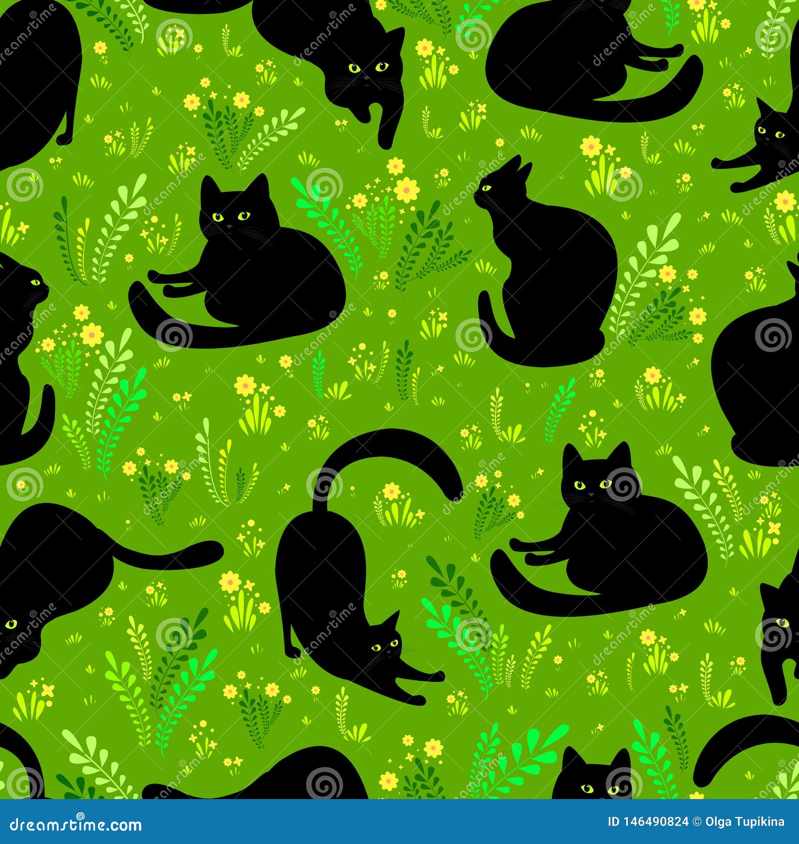 Black Cat in Different Poses on a Background of Flowers, Grass and Dark ...