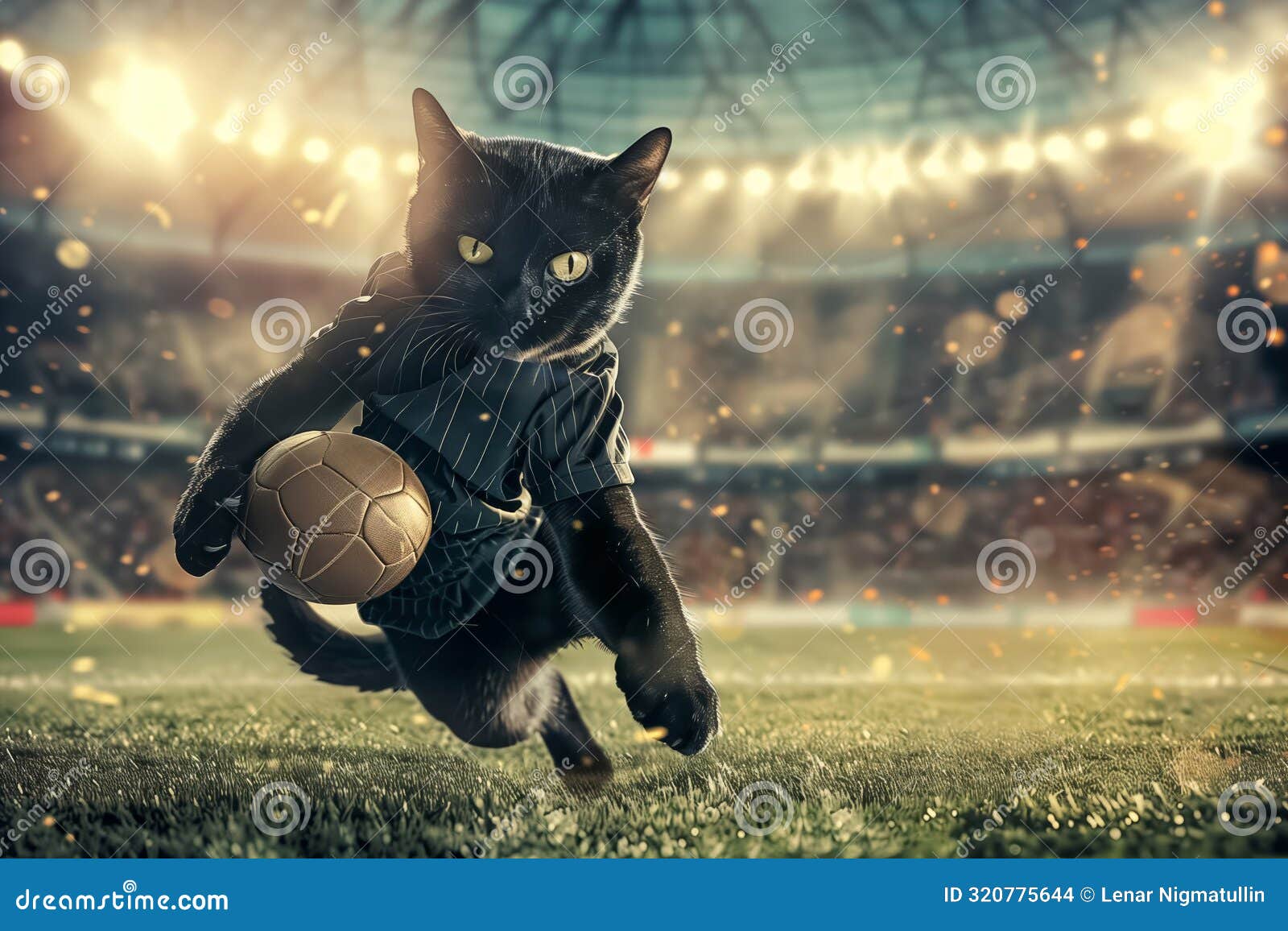 Black Cat Dressed As a Soccer Player Dribbling a Ball in a Stadium ...