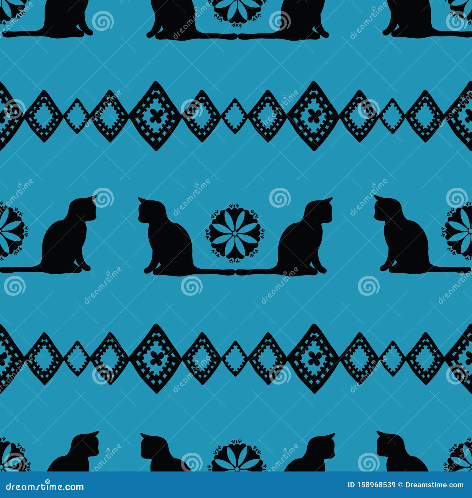 Cat Silhouette, Floral and Diamond Border Vector Repeat Pattern Stock ...