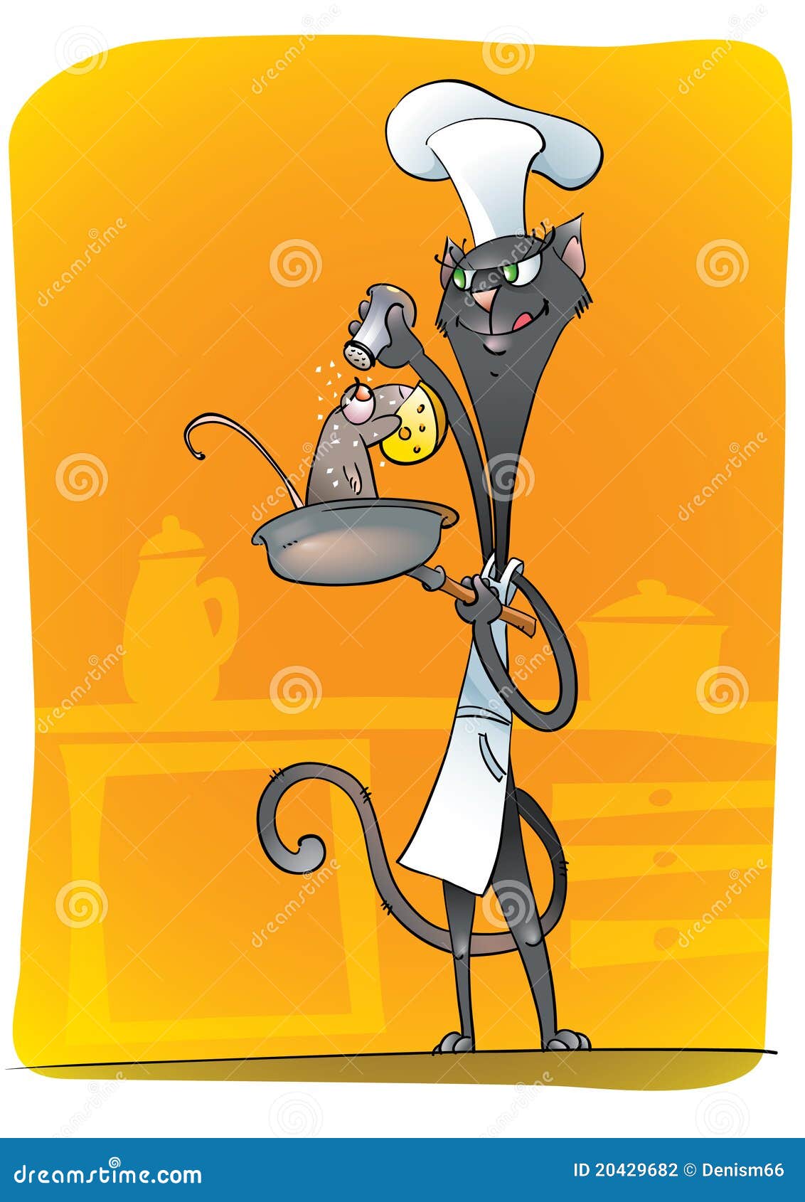 Black cat with frying pan stock vector. Illustration of cheese - 20429682