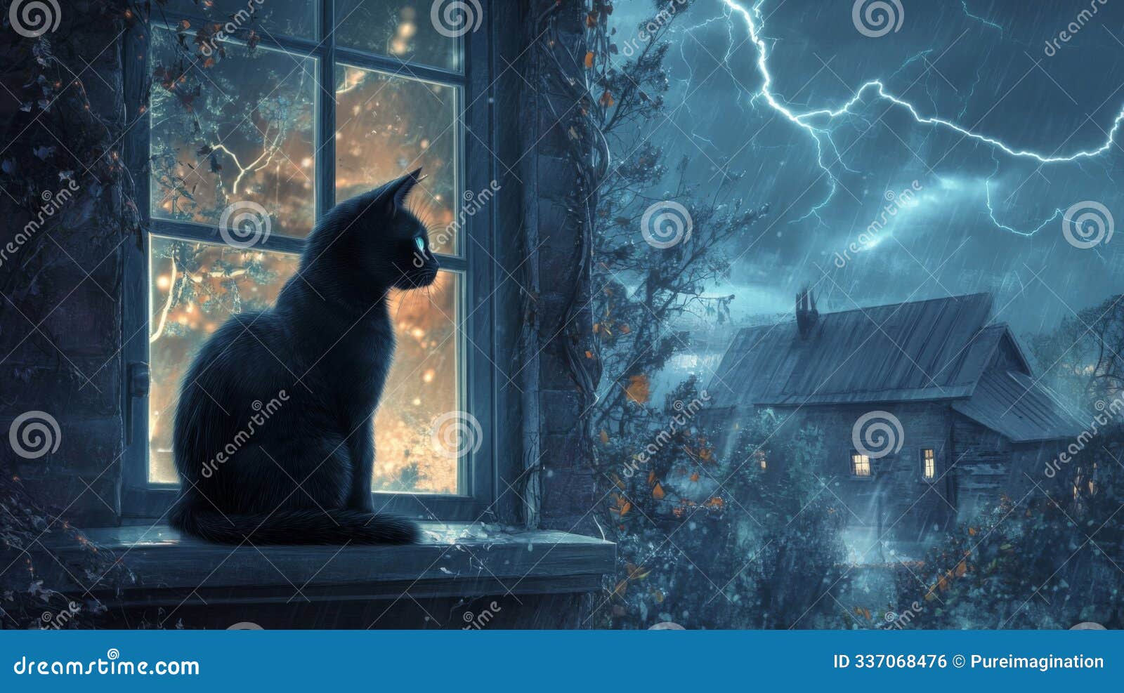 Black Cat Gazing Out Window during Stormy Night Stock Illustration ...