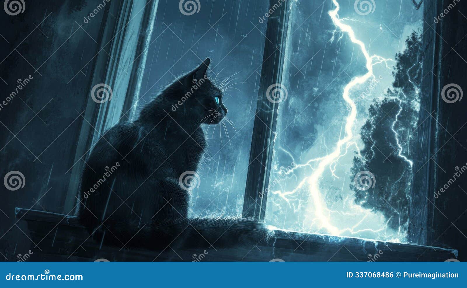 Black Cat Gazing At Thunderstorm Through Window Stock Photo ...
