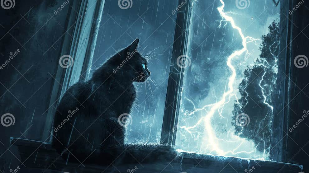 Black Cat Gazing at Thunderstorm through Window Stock Illustration ...