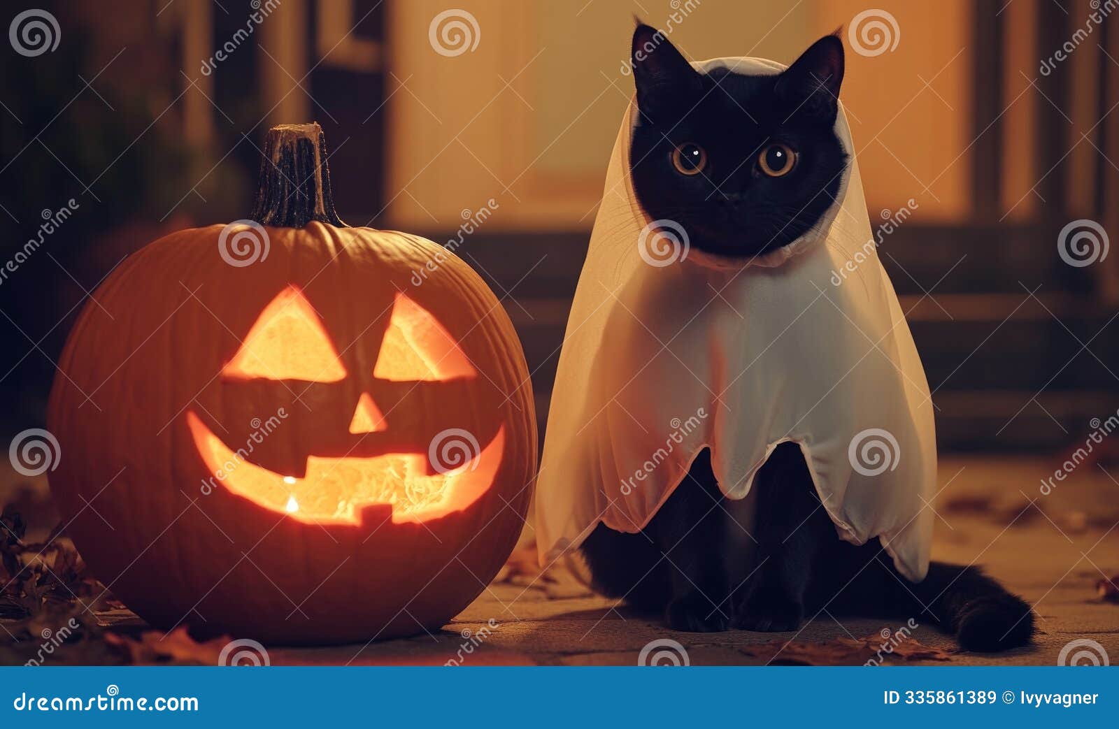 A Black Cat in a Ghost Costume Stock Image - Image of kitten ...