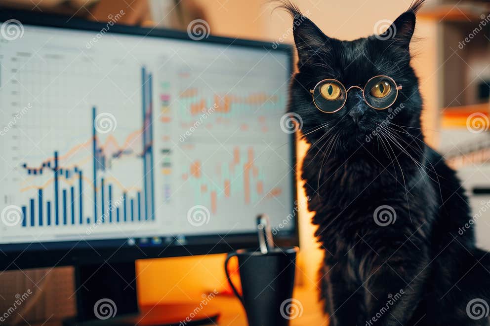 A Black Cat with Glasses in Front of a Computer Screen Displaying ...