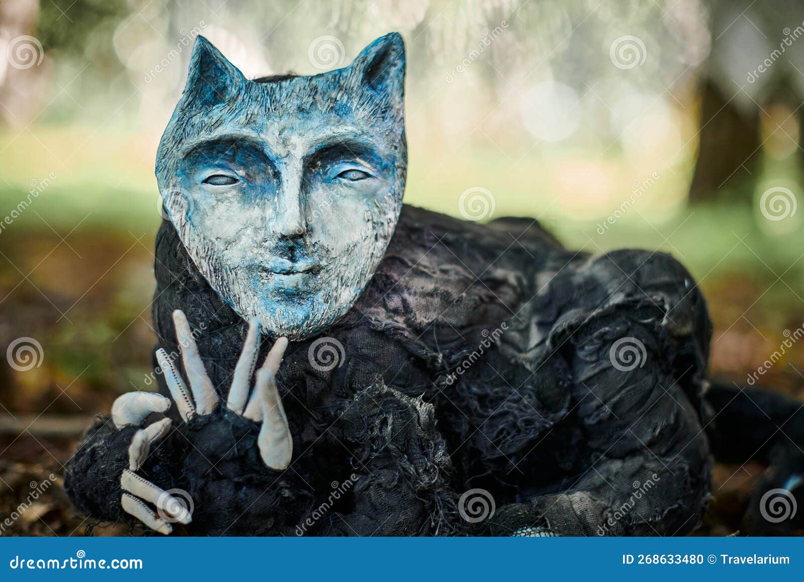 Black Cat In Human Face Mask Art Object Outdoor Art Exhibition In