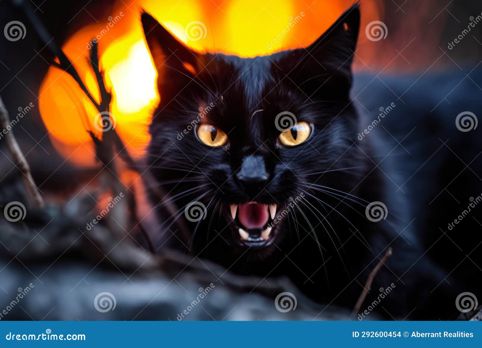 A Black Cat with Its Mouth Open in Front of a Fire Stock Illustration ...