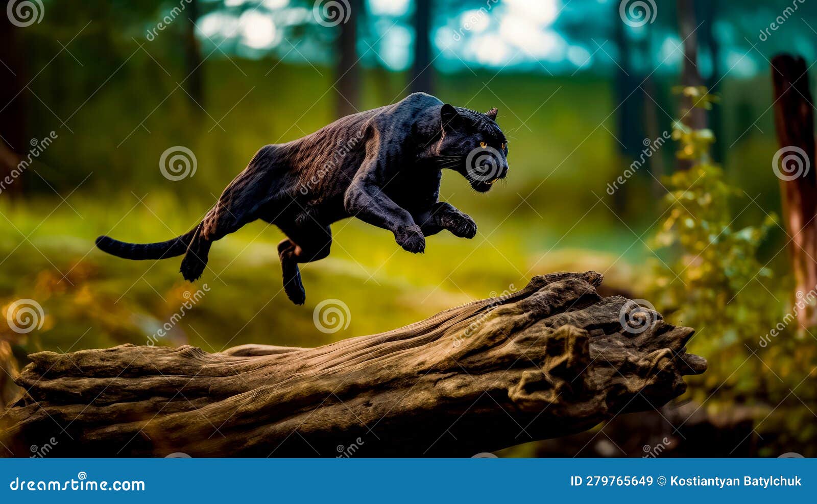 Black Cat is Jumping Over Log in the Middle of Forest. Generative AI ...