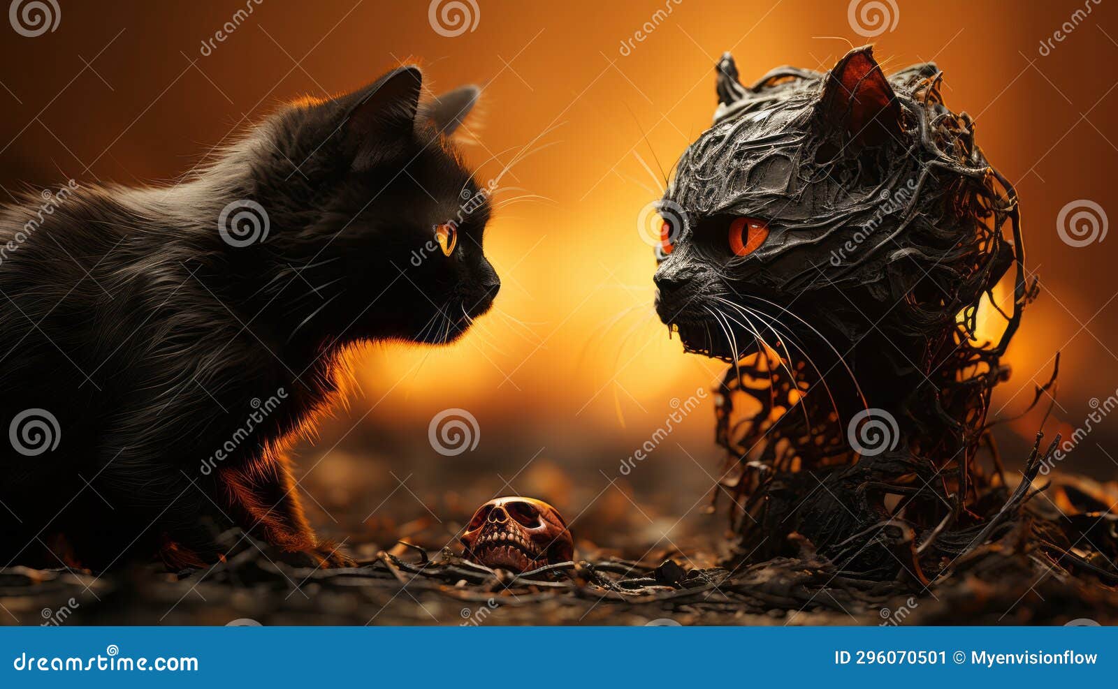 A Black Cat Looking at Another Skeleton Cat Stock Illustration ...
