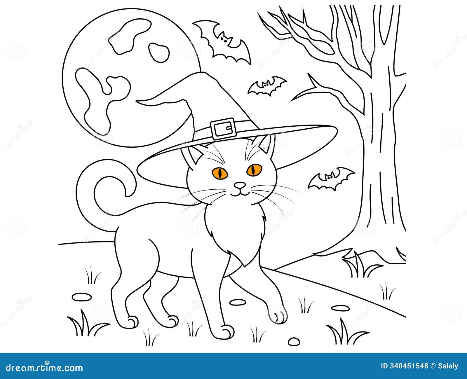 Black Cat on the Moonlight, Halloween Outline Coloring Page Stock ...