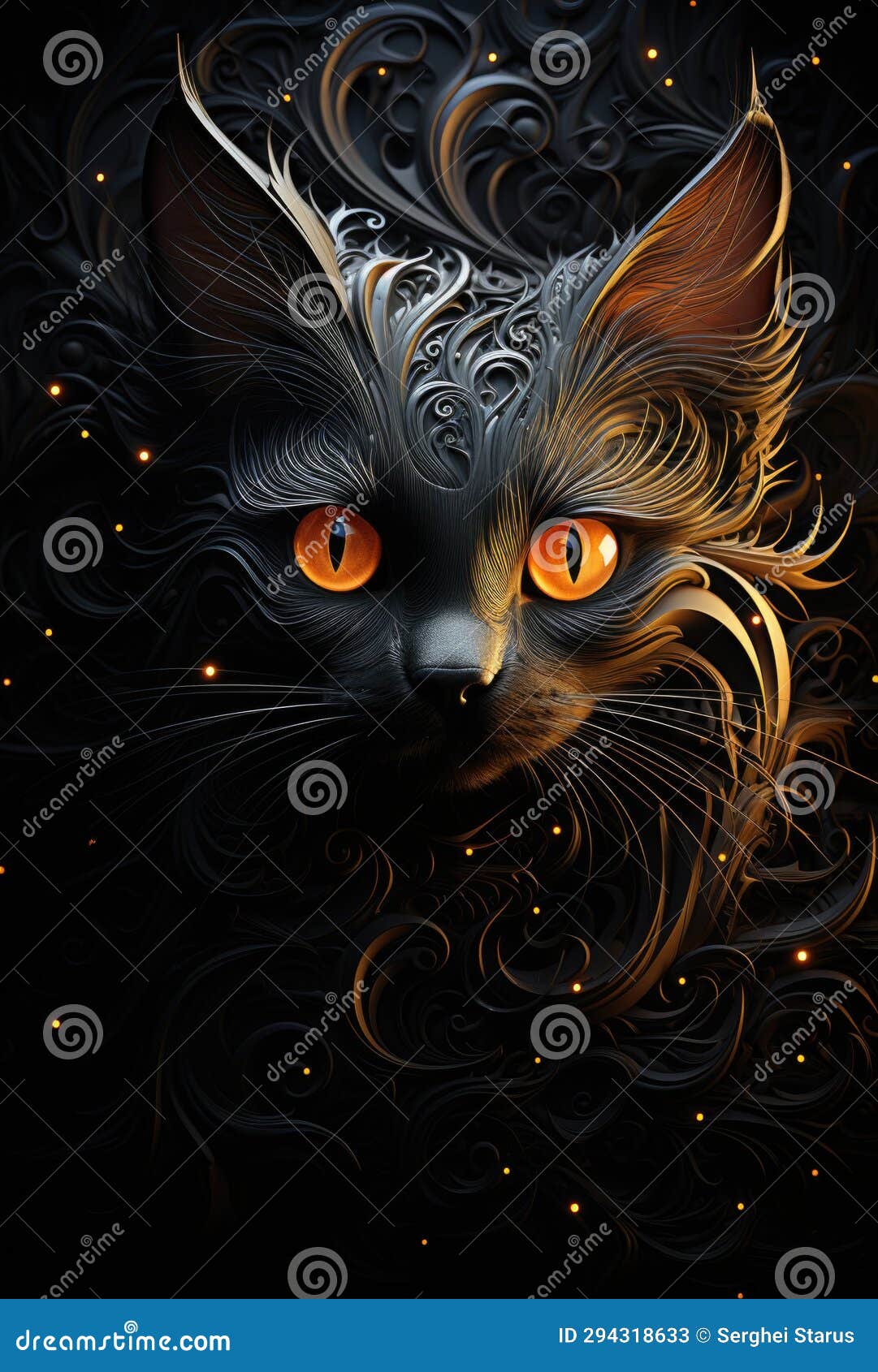 A Black Cat with Orange Eyes and a Swirl Pattern, AI Stock Illustration ...