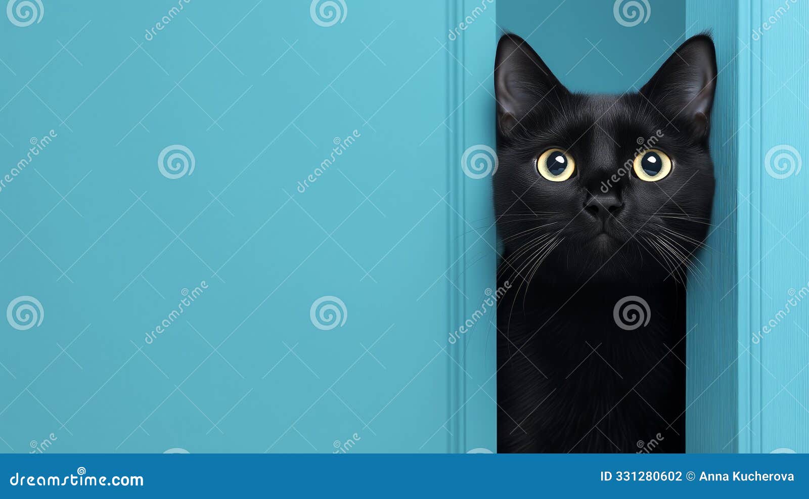 Black Cat Peeking through a Blue Door with Large Yellow Eyes Stock ...