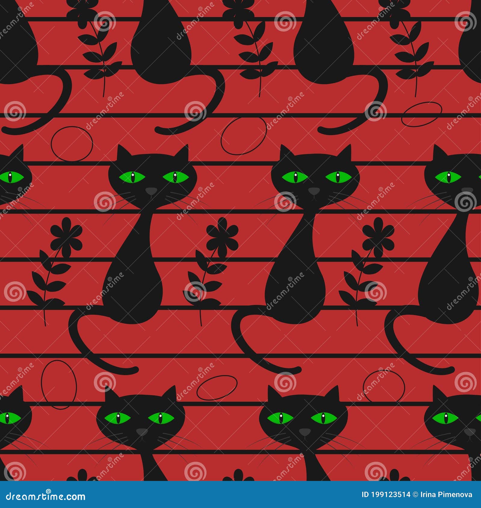 Black Cat on a Red Background. Seamless Stock Vector - Illustration of ...
