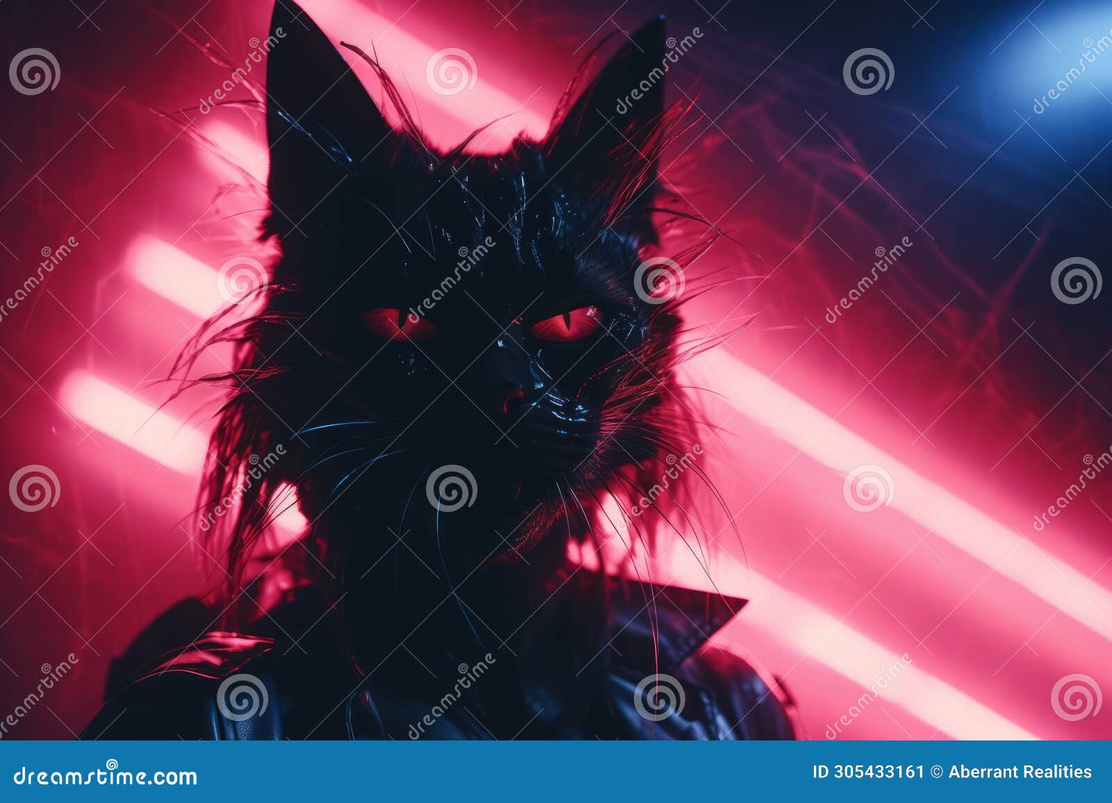 A Black Cat with Red Eyes in Front of Neon Lights Stock Illustration ...