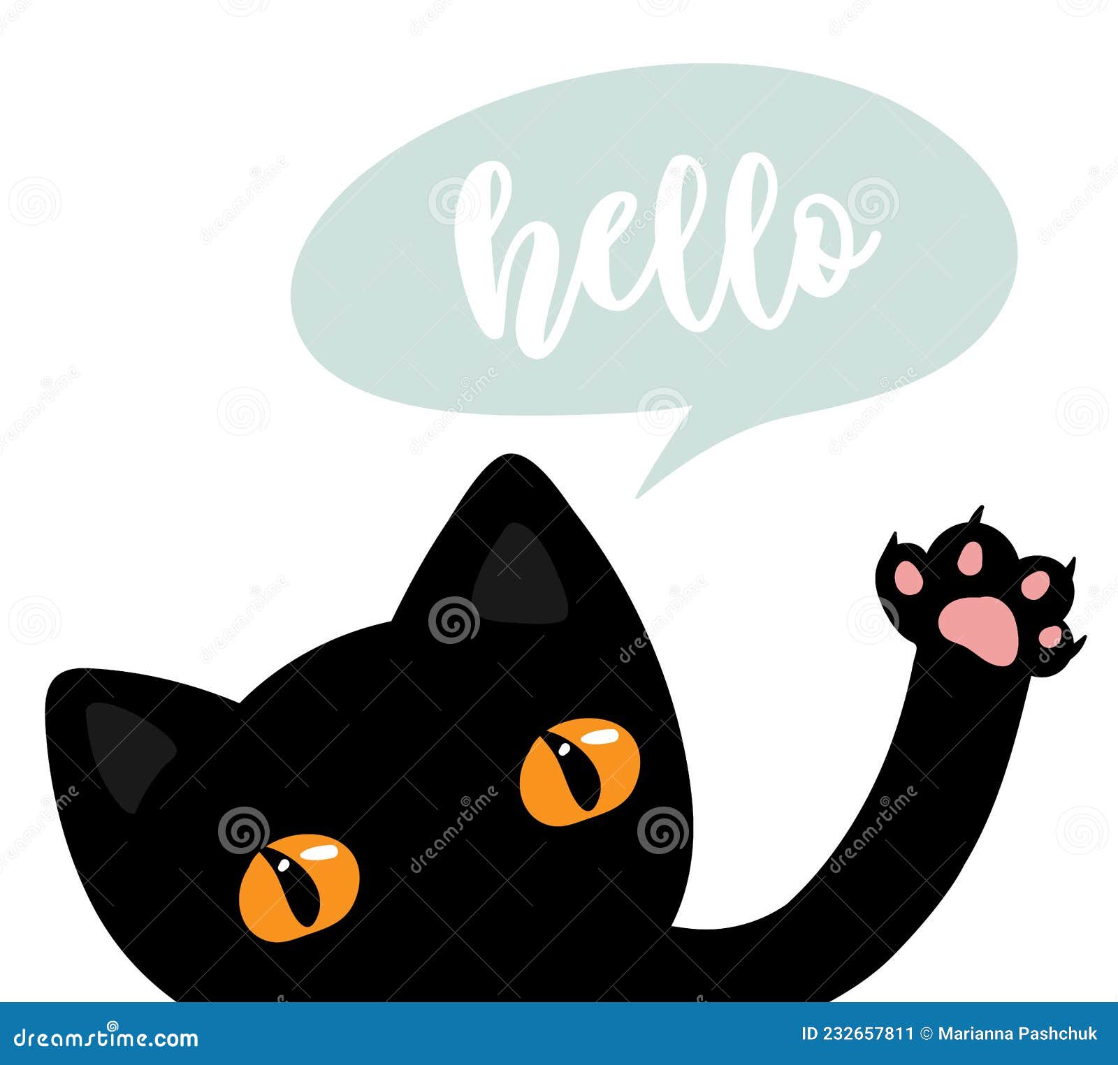 Black Cat Say Hello, Cute Vector Illustration for Kids Stock Vector ...