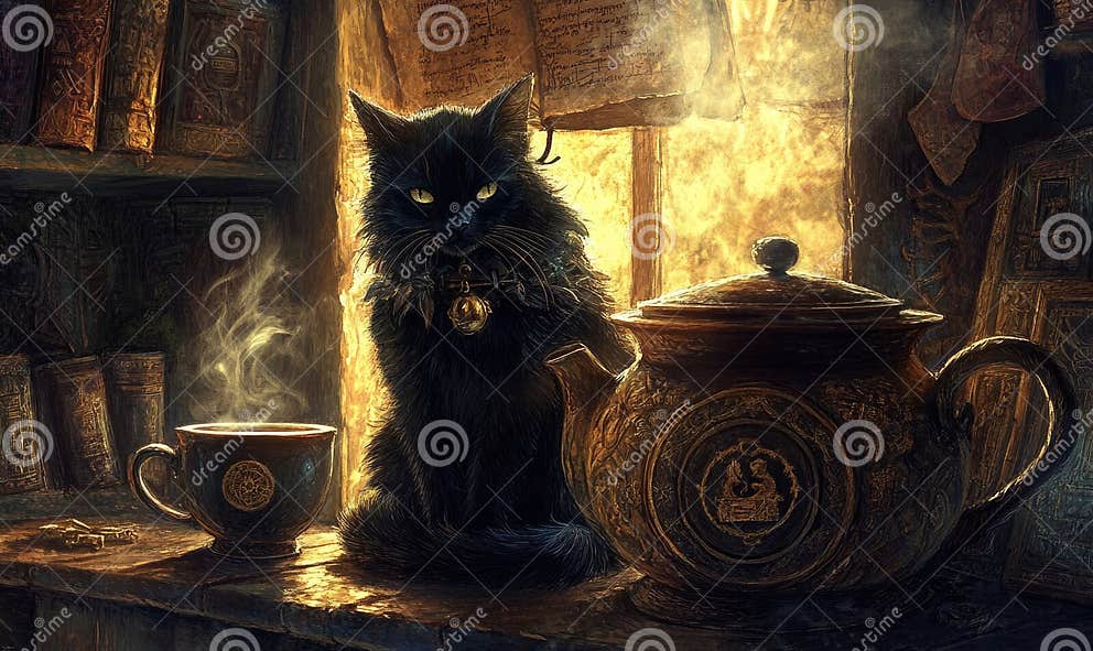 A Black Cat Sits by a Cauldron, with a Mug Steaming beside it Stock ...
