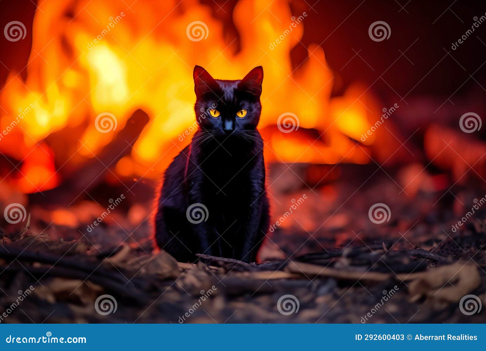A Black Cat Sitting in Front of a Fire Stock Illustration ...