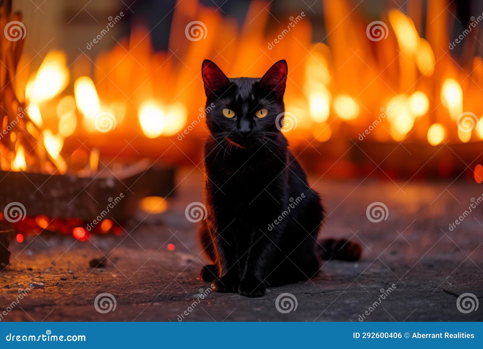 A Black Cat Sitting in Front of a Fire Stock Illustration ...